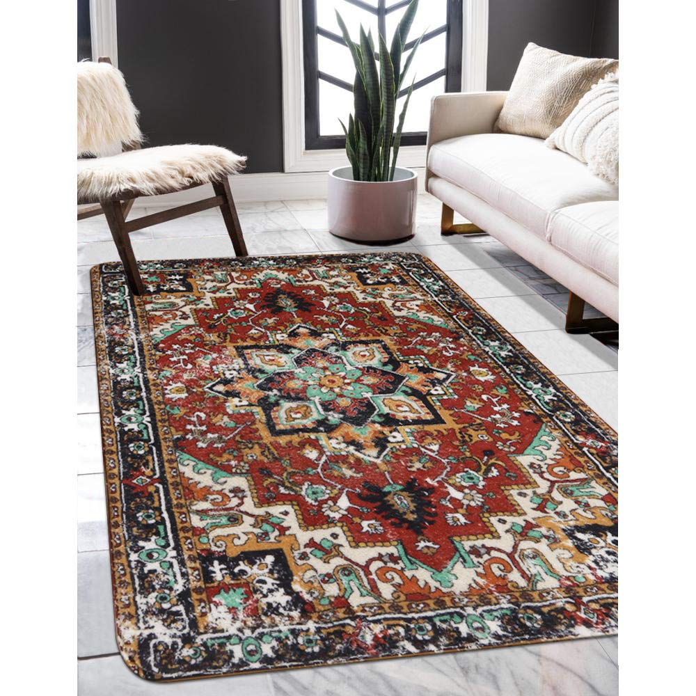 Lahome Collection Traditional Oriental Area Rug - 3’ X 5’ Faux Wool Non-Slip Area Rug Accent Distressed Throw Rugs Floor Carpet for Living Room Bedrooms Laundry Room Decor (3’ X 5’, Red)