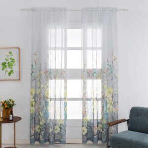 kotile yellow floral curtains - print flowers blossom 96 inch rod pocket sheer window curtains for living room, 52 x 96 inches, 2 panels