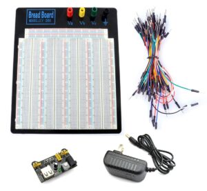 tektrum externally powered solderless 3220 tie-points experiment plug-in breadboard with aluminum back plate, jumper wires, power module, wall adaptor for proto-typing circuit