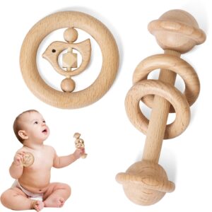 2pc set wooden rattle toys beech wood ring montessori bird shape grasping toddler toys