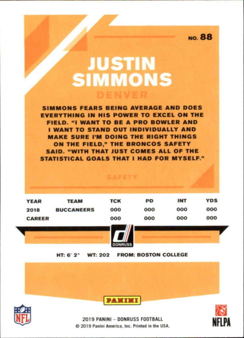 2019 Donruss #88 Justin Simmons Denver Broncos NFL Football Trading Card