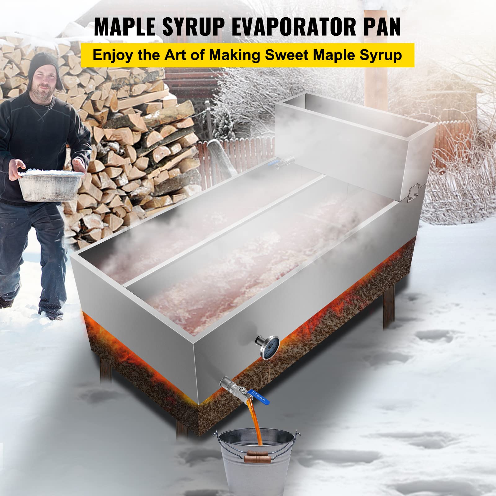 VBENLEM Maple Syrup Evaporator Pan 48x24x19 Inch Stainless Steel Maple Syrup Boiling Pan with Valve and Thermometer and Divided Pan and Feed Pan