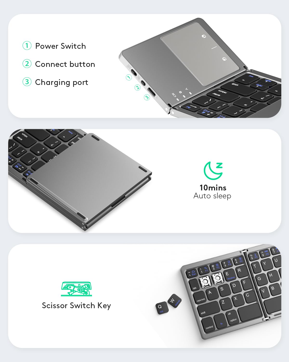 Samsers Foldable Bluetooth Keyboard with Touchpad Portable Wireless Keyboard with Stand Holder, Rechargeable Full Size Ultra Slim Pocket Folding Keyboard for Android Windows iOS Tablet & Laptop-Gray