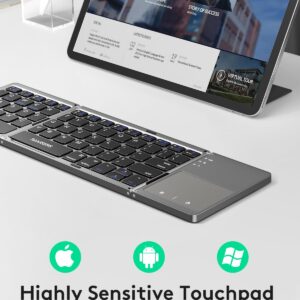 Samsers Foldable Bluetooth Keyboard with Touchpad Portable Wireless Keyboard with Stand Holder, Rechargeable Full Size Ultra Slim Pocket Folding Keyboard for Android Windows iOS Tablet & Laptop-Gray