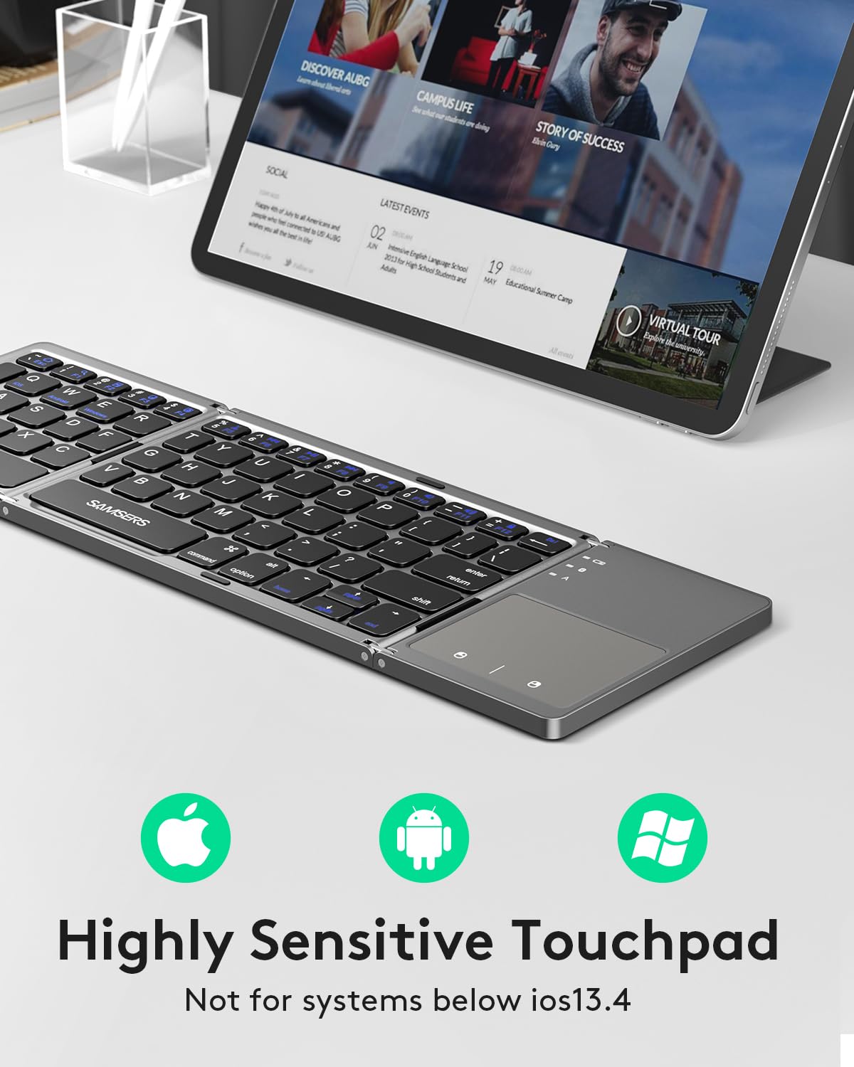 Samsers Foldable Bluetooth Keyboard with Touchpad Portable Wireless Keyboard with Stand Holder, Rechargeable Full Size Ultra Slim Pocket Folding Keyboard for Android Windows iOS Tablet & Laptop-Gray