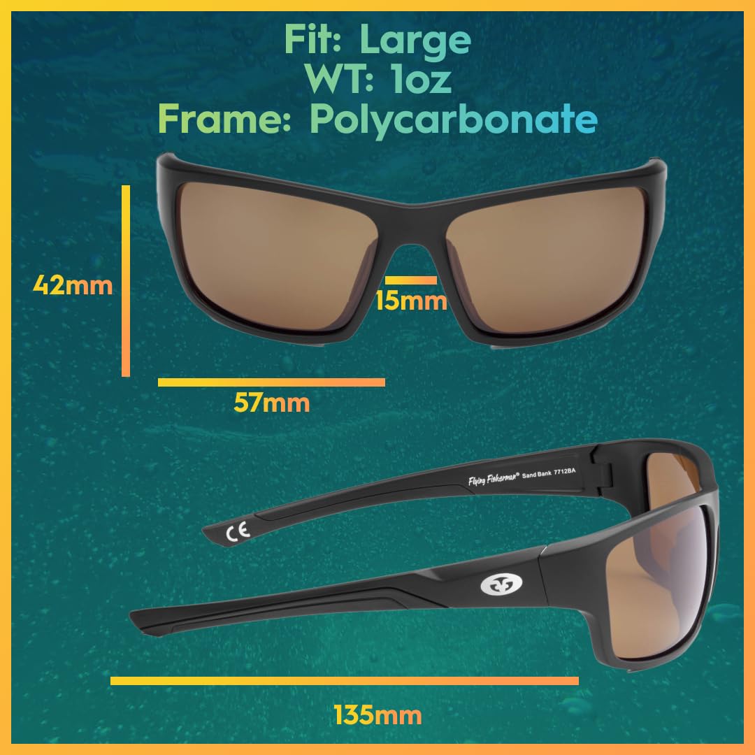 Flying Fisherman Sand Bank Wrap Around Polarized Sunglasses, Frame: Matte Black/Lens: Amber, One Size