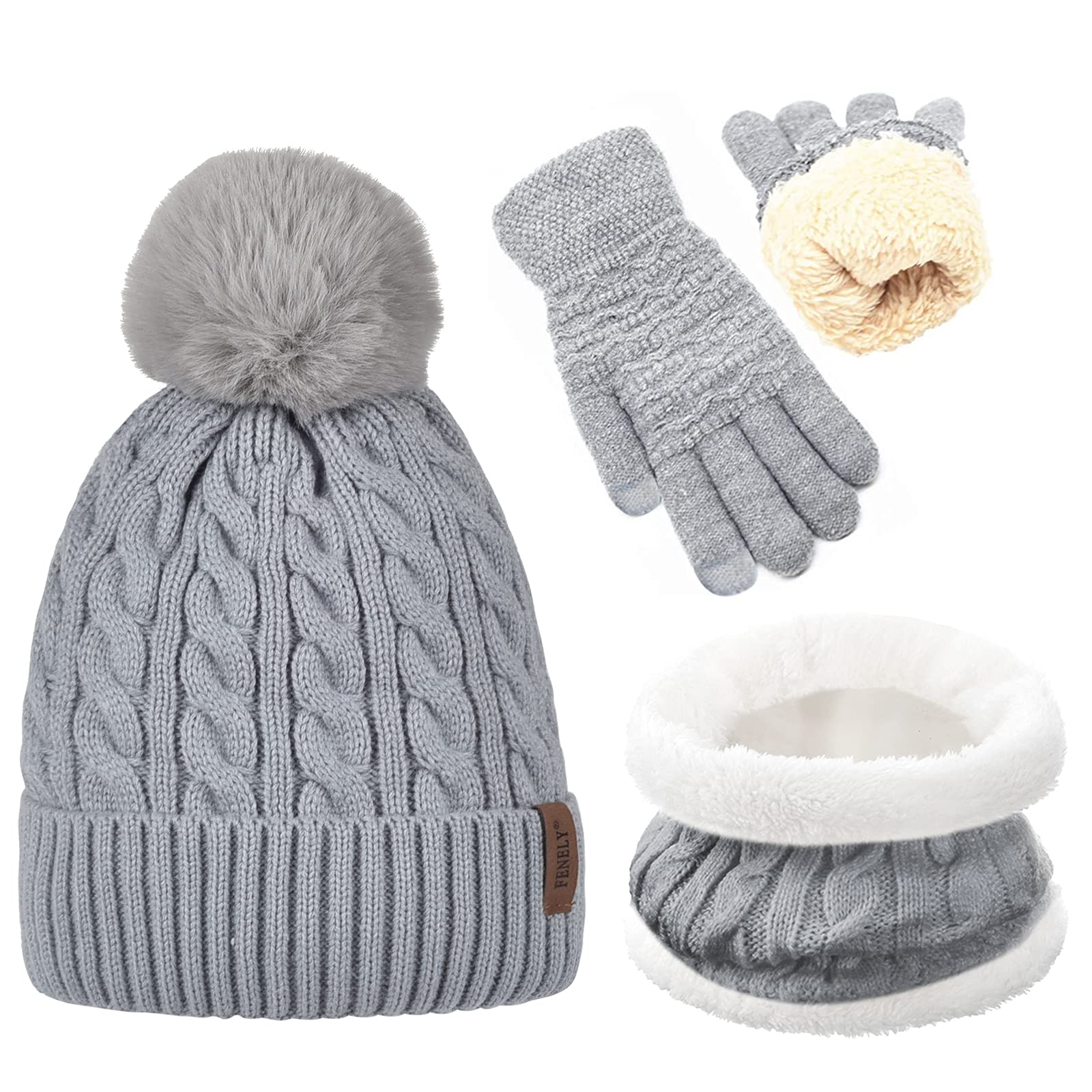 Womens Winter Beanie Hat Scarf and Gloves Set Girls Cable Beanies with Pompom Infinity Scarf Knitted Touch Screen Gloves Sets for Cold Weather Ladies Grey Knit Thick Warm Soft Fleece Lined Thermal Cap