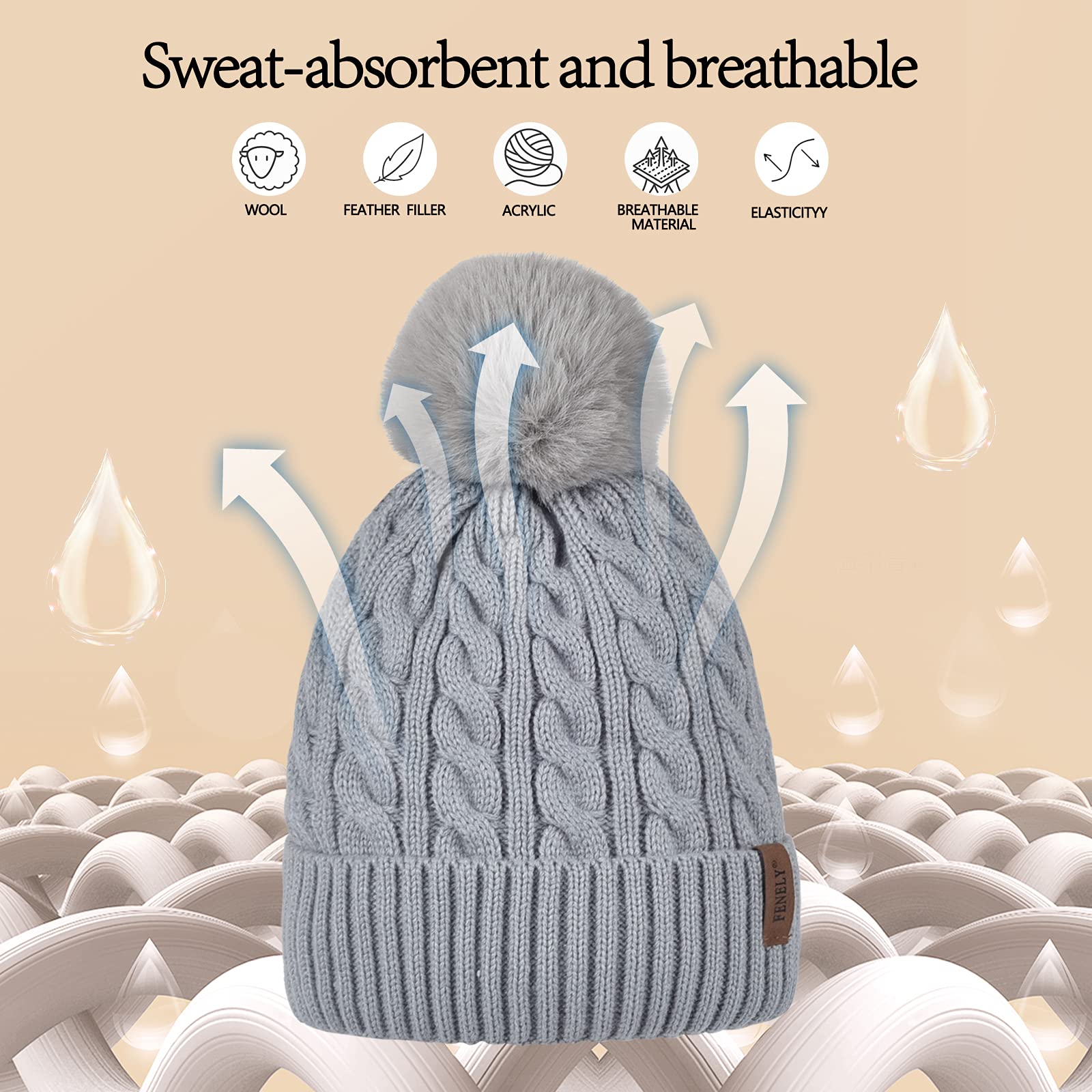 Womens Winter Beanie Hat Scarf and Gloves Set Girls Cable Beanies with Pompom Infinity Scarf Knitted Touch Screen Gloves Sets for Cold Weather Ladies Grey Knit Thick Warm Soft Fleece Lined Thermal Cap