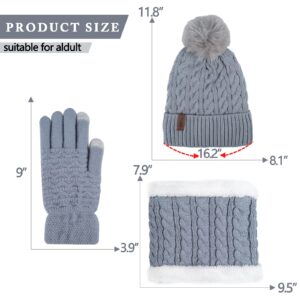 Womens Winter Beanie Hat Scarf and Gloves Set Girls Cable Beanies with Pompom Infinity Scarf Knitted Touch Screen Gloves Sets for Cold Weather Ladies Grey Knit Thick Warm Soft Fleece Lined Thermal Cap