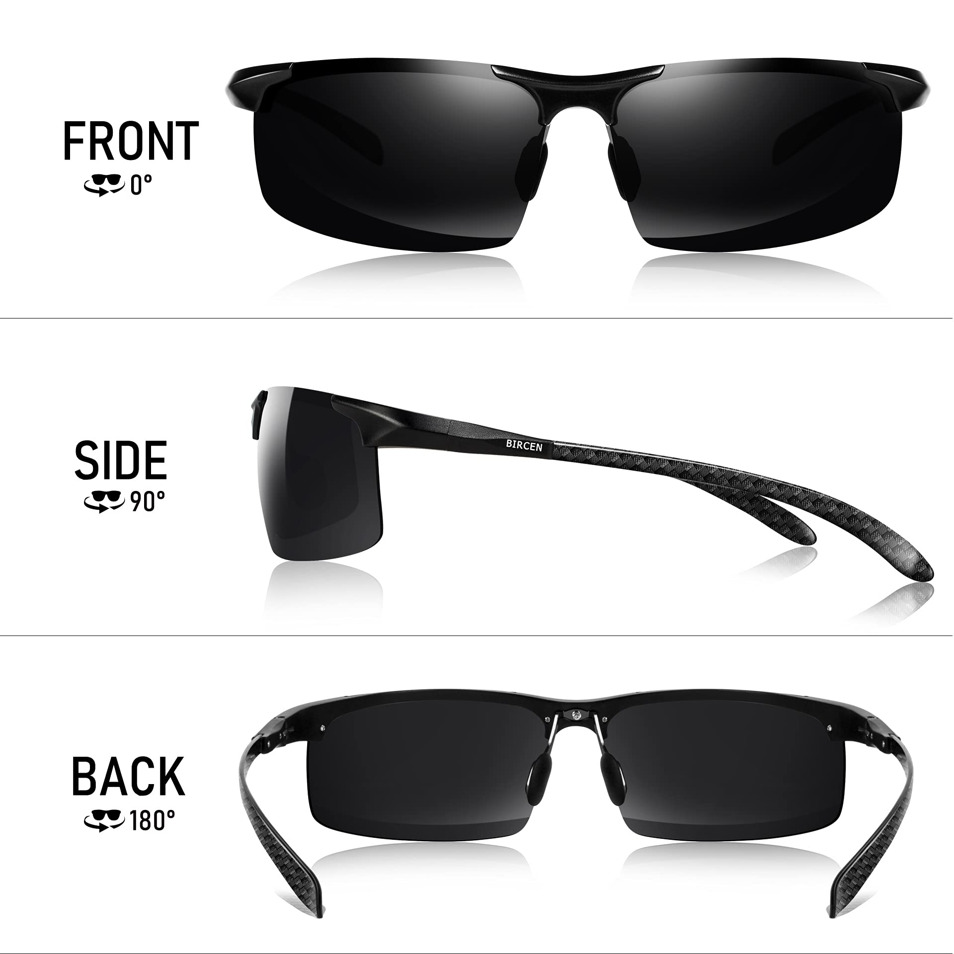 BIRCEN Mens Polarized Sunglasses UV-Protection: Carbon Fiber Sport Black Shades for Men Driving Fishing