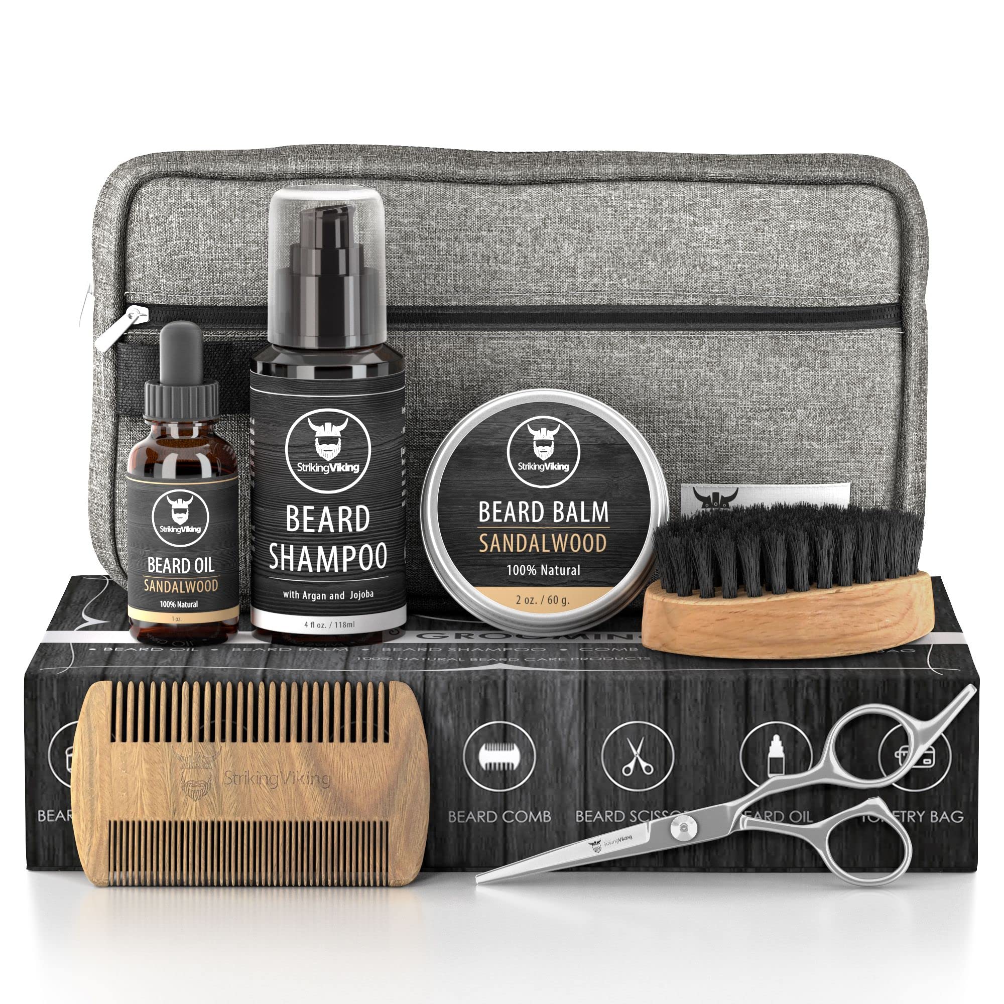 Striking Viking Beard Grooming Kit - Premium Beard Care Products for Men – Beard Shampoo, Beard Oil, Beard Balm Butter, Beard Brush, Wooden Comb, Mustache Scissors, & Toiletry Bag