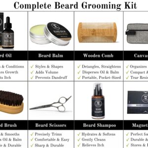 Striking Viking Beard Grooming Kit - Premium Beard Care Products for Men – Beard Shampoo, Beard Oil, Beard Balm Butter, Beard Brush, Wooden Comb, Mustache Scissors, & Toiletry Bag