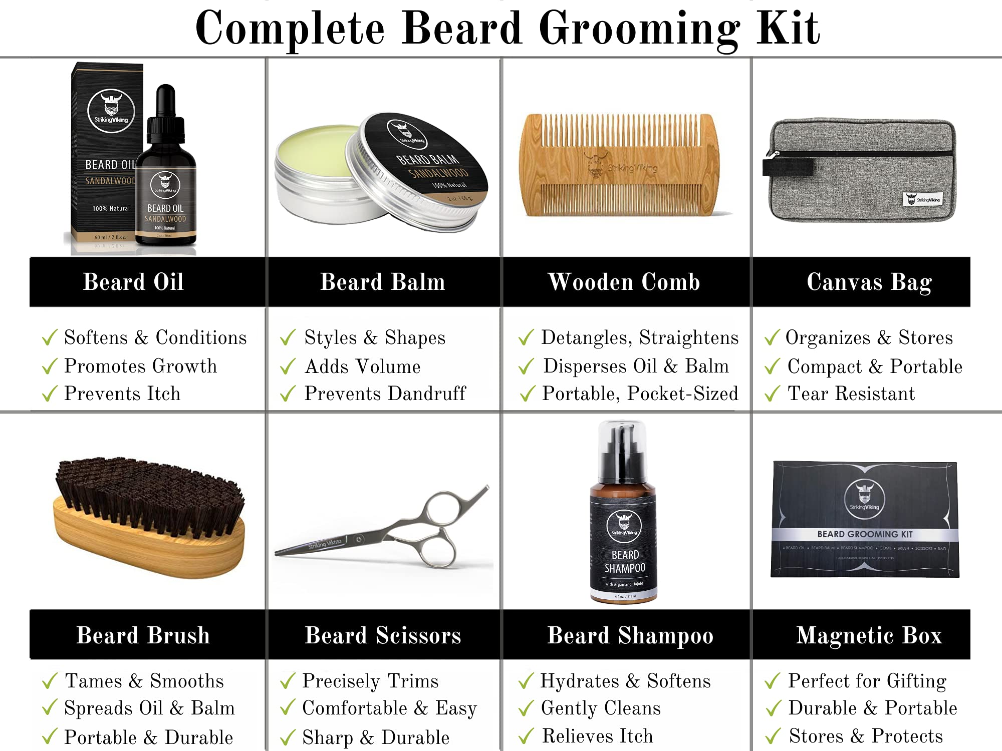 Striking Viking Beard Grooming Kit - Premium Beard Care Products for Men – Beard Shampoo, Beard Oil, Beard Balm Butter, Beard Brush, Wooden Comb, Mustache Scissors, & Toiletry Bag