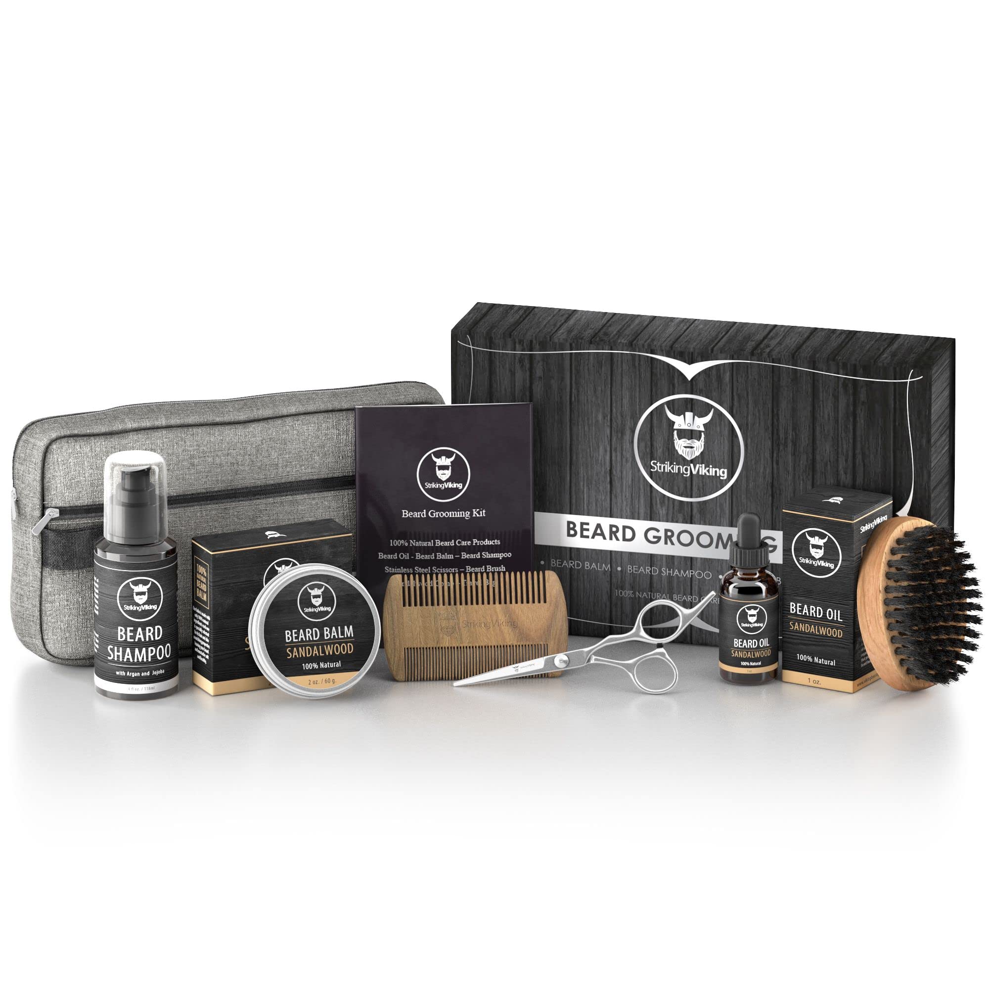 Striking Viking Beard Grooming Kit - Premium Beard Care Products for Men – Beard Shampoo, Beard Oil, Beard Balm Butter, Beard Brush, Wooden Comb, Mustache Scissors, & Toiletry Bag