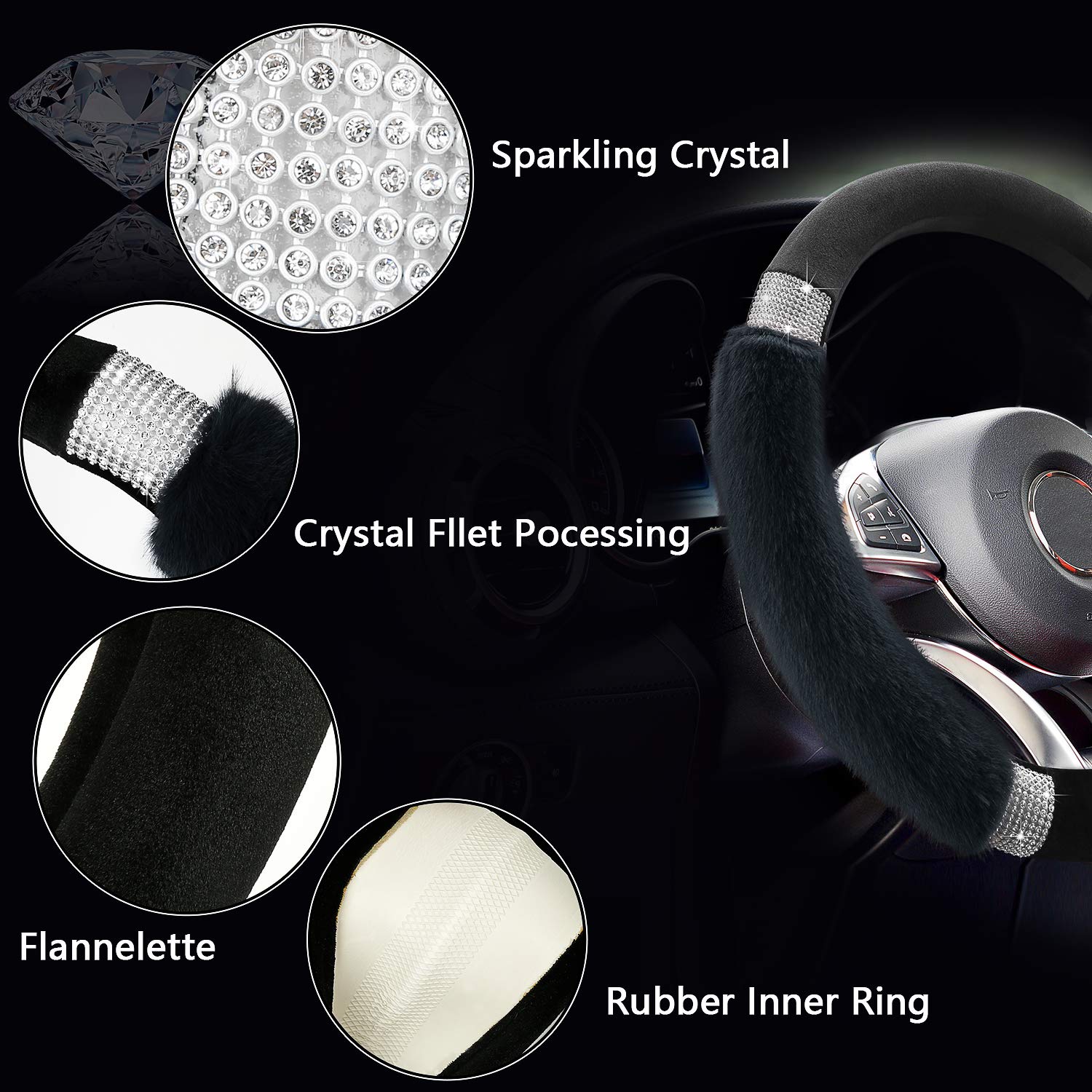 Achiou Rhinestone Fluffy Steering Wheel Cover - Comfortable Non-Slip Luxury Faux Wool, Universal Fit for 14.5" to 15" Steering Wheels