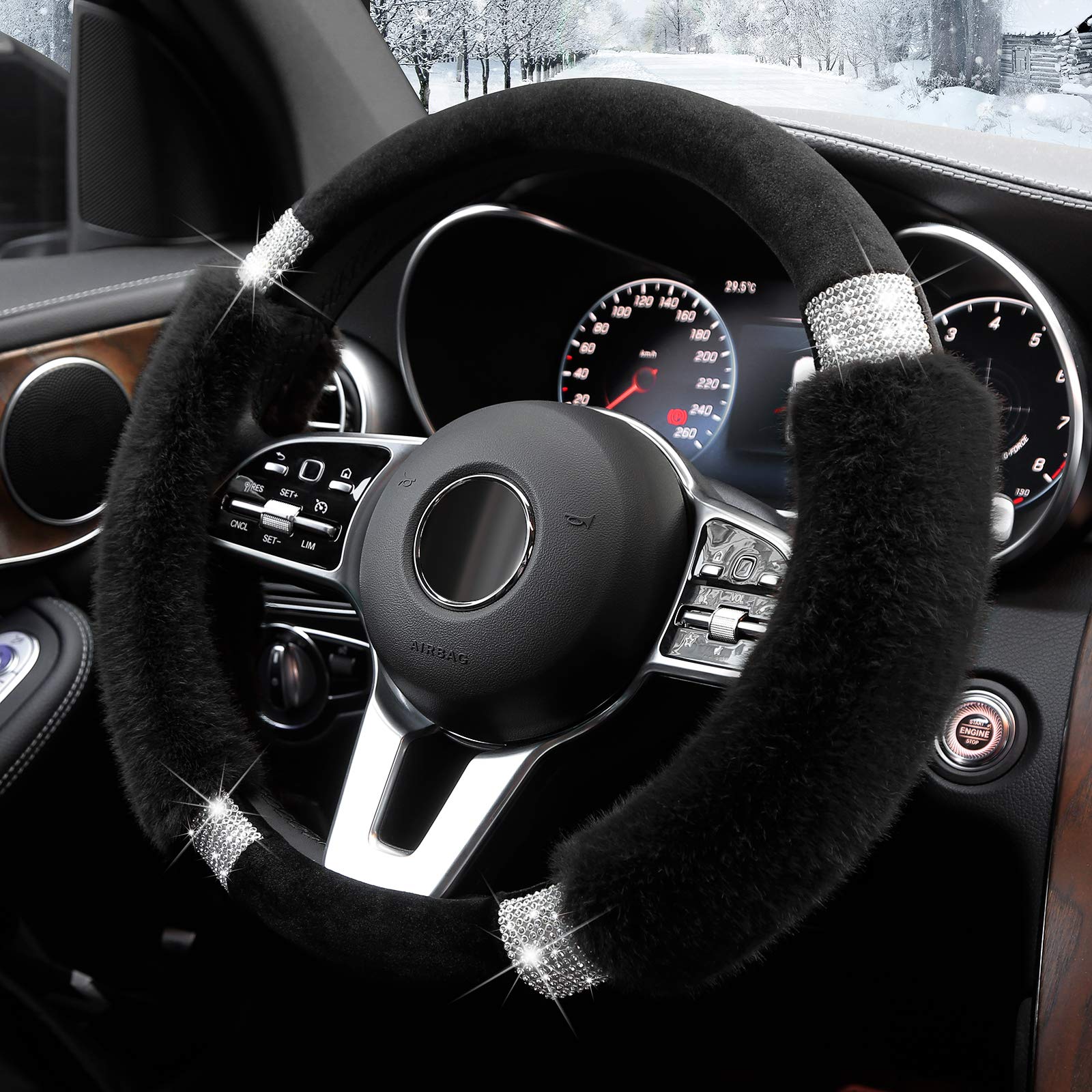 Achiou Rhinestone Fluffy Steering Wheel Cover - Comfortable Non-Slip Luxury Faux Wool, Universal Fit for 14.5" to 15" Steering Wheels