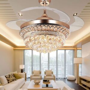 bigbanban bling crystal chandelier fan, retractable ceiling fans,42 inch ceiling fan with 3 color change led light and remote for bedroom/living room/dining room (rose gold)