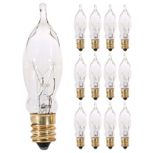 kor (12 pack) 7.5cfc/15/3 7.5w 120 volt, flame candelabra tip chandelier bulb, clear ca5 incandescent, petite decorative lamp, e12 candelabra brass plated base, 40 lumens, dimmable.