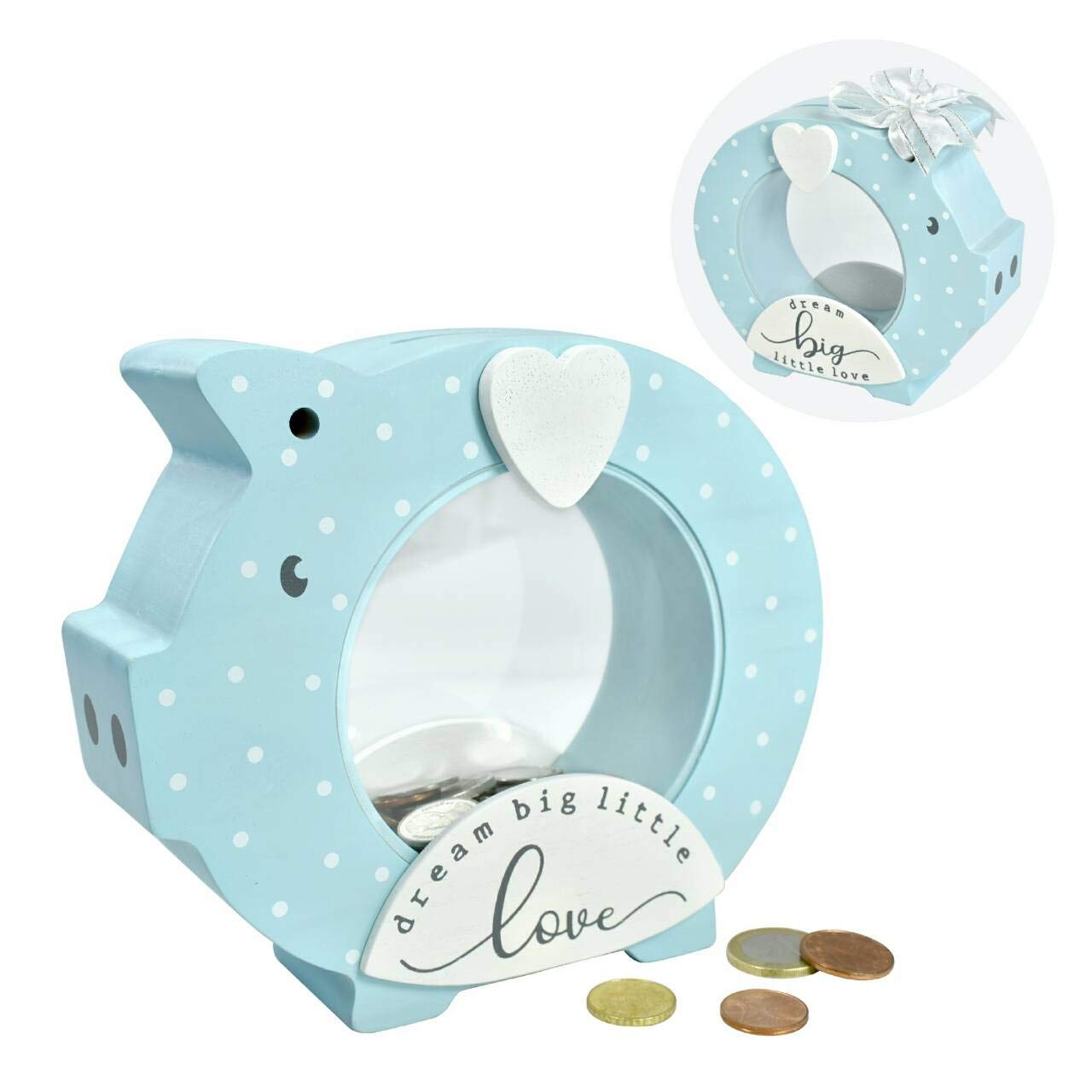 I’m Solid Wood Piggy Bank Coin Bank Savings Money Bank, Adorable Gifts for Baby Birthday Boys Girls Kids Child to Cherish Baby Shower, Keepsakes & Nursery Décor “Dream Big Little Love” (Dot Blue)