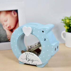 I’m Solid Wood Piggy Bank Coin Bank Savings Money Bank, Adorable Gifts for Baby Birthday Boys Girls Kids Child to Cherish Baby Shower, Keepsakes & Nursery Décor “Dream Big Little Love” (Dot Blue)