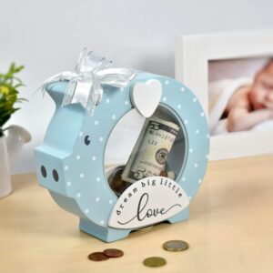 I’m Solid Wood Piggy Bank Coin Bank Savings Money Bank, Adorable Gifts for Baby Birthday Boys Girls Kids Child to Cherish Baby Shower, Keepsakes & Nursery Décor “Dream Big Little Love” (Dot Blue)