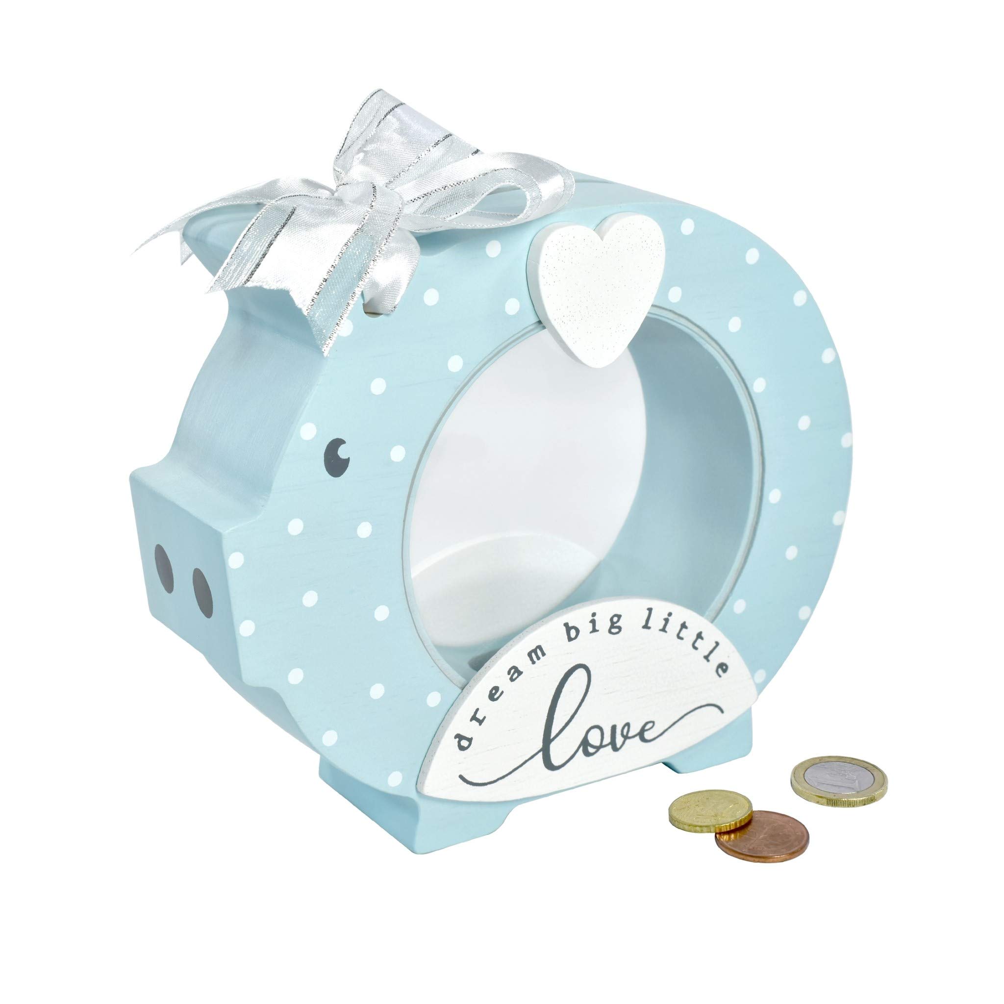 I’m Solid Wood Piggy Bank Coin Bank Savings Money Bank, Adorable Gifts for Baby Birthday Boys Girls Kids Child to Cherish Baby Shower, Keepsakes & Nursery Décor “Dream Big Little Love” (Dot Blue)