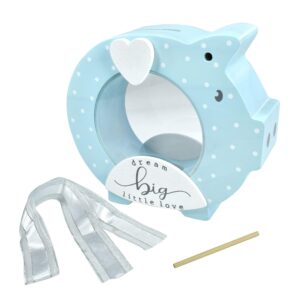 I’m Solid Wood Piggy Bank Coin Bank Savings Money Bank, Adorable Gifts for Baby Birthday Boys Girls Kids Child to Cherish Baby Shower, Keepsakes & Nursery Décor “Dream Big Little Love” (Dot Blue)