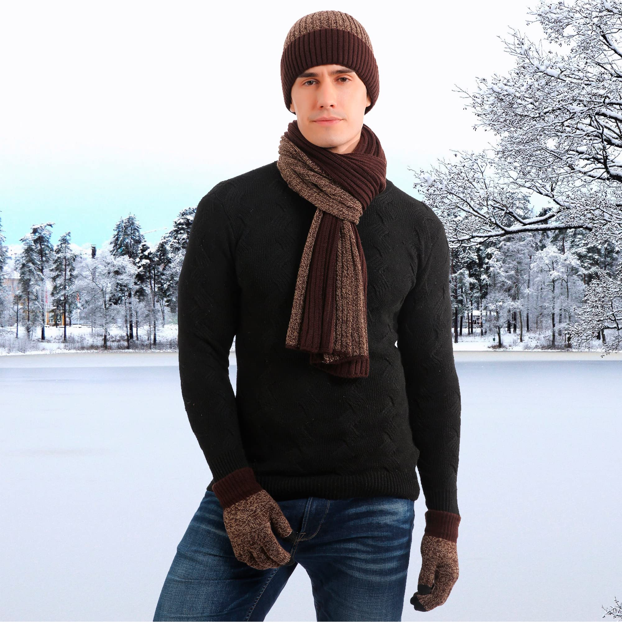 Tofern Winter Beanie Hats Scarf Gloves Set Snow Knit Skull Cap Touch Screen Mittens Long Scarf for Men Women Winter Warm