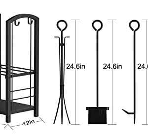 Fire Beauty Fireplace Firewood Log Rack 5-Piece Storage Logs Holder with Tools Set with 4 Tools Set Fireside Holders Wood Lumber Storage Stacking Black