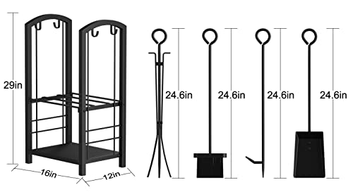 Fire Beauty Fireplace Firewood Log Rack 5-Piece Storage Logs Holder with Tools Set with 4 Tools Set Fireside Holders Wood Lumber Storage Stacking Black