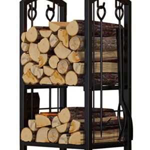 Fire Beauty Fireplace Firewood Log Rack 5-Piece Storage Logs Holder with Tools Set with 4 Tools Set Fireside Holders Wood Lumber Storage Stacking Black