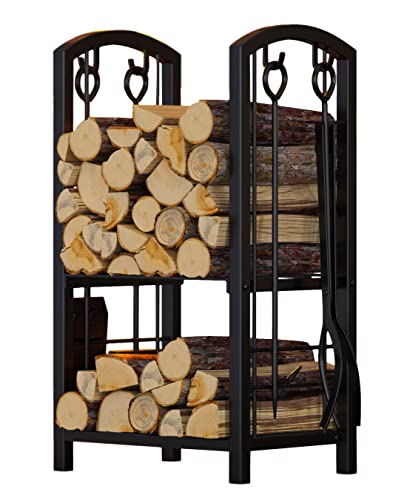 Fire Beauty Fireplace Firewood Log Rack 5-Piece Storage Logs Holder with Tools Set with 4 Tools Set Fireside Holders Wood Lumber Storage Stacking Black