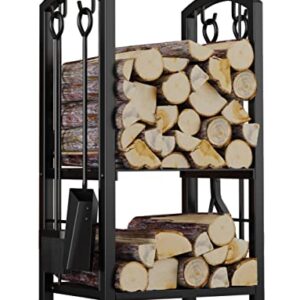 Fire Beauty Fireplace Firewood Log Rack 5-Piece Storage Logs Holder with Tools Set with 4 Tools Set Fireside Holders Wood Lumber Storage Stacking Black