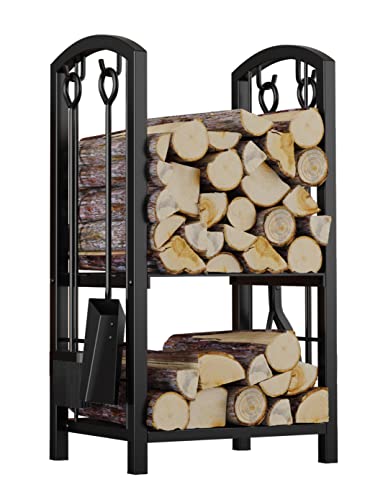 Fire Beauty Fireplace Firewood Log Rack 5-Piece Storage Logs Holder with Tools Set with 4 Tools Set Fireside Holders Wood Lumber Storage Stacking Black