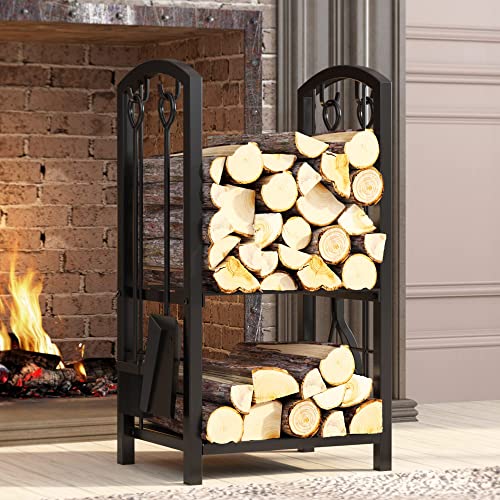 Fire Beauty Fireplace Firewood Log Rack 5-Piece Storage Logs Holder with Tools Set with 4 Tools Set Fireside Holders Wood Lumber Storage Stacking Black