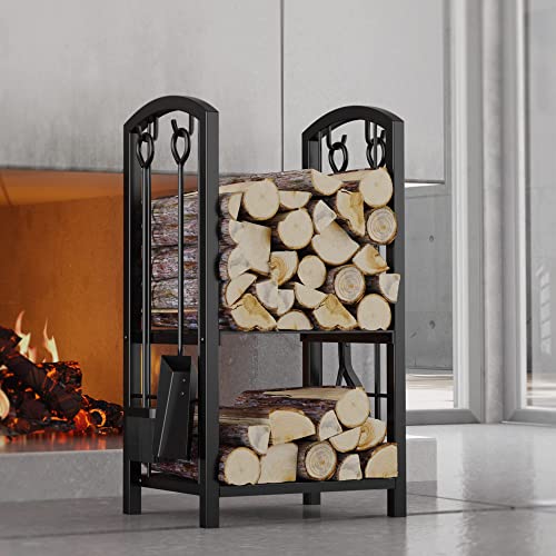 Fire Beauty Fireplace Firewood Log Rack 5-Piece Storage Logs Holder with Tools Set with 4 Tools Set Fireside Holders Wood Lumber Storage Stacking Black