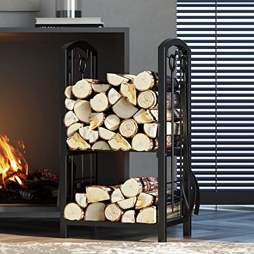 Fire Beauty Fireplace Firewood Log Rack 5-Piece Storage Logs Holder with Tools Set with 4 Tools Set Fireside Holders Wood Lumber Storage Stacking Black