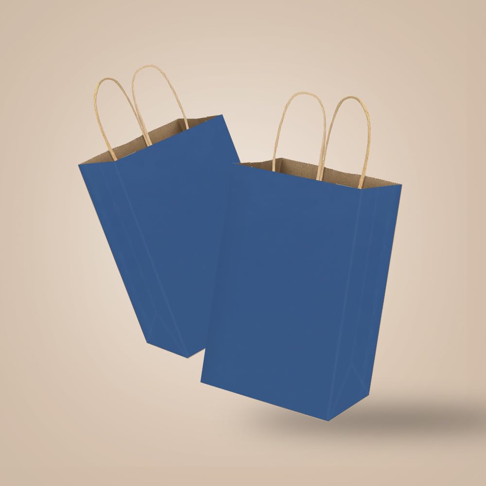 bagmad 100 Pack 5.25x3.25x8 inch Small Blue Kraft Paper Bags with Handles Bulk, Gift Bags, Craft Grocery Shopping Retail Party Favors Wedding Bags Sacks (Blue, 100pcs)