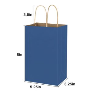 bagmad 100 Pack 5.25x3.25x8 inch Small Blue Kraft Paper Bags with Handles Bulk, Gift Bags, Craft Grocery Shopping Retail Party Favors Wedding Bags Sacks (Blue, 100pcs)