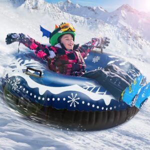 plus size snow tube -49" inflatable sleds for kids and adults snowboard with thicker k80 military grade material heavy duty snow tube portable toboggan for sledding skiing winter outdoor fun snow toy