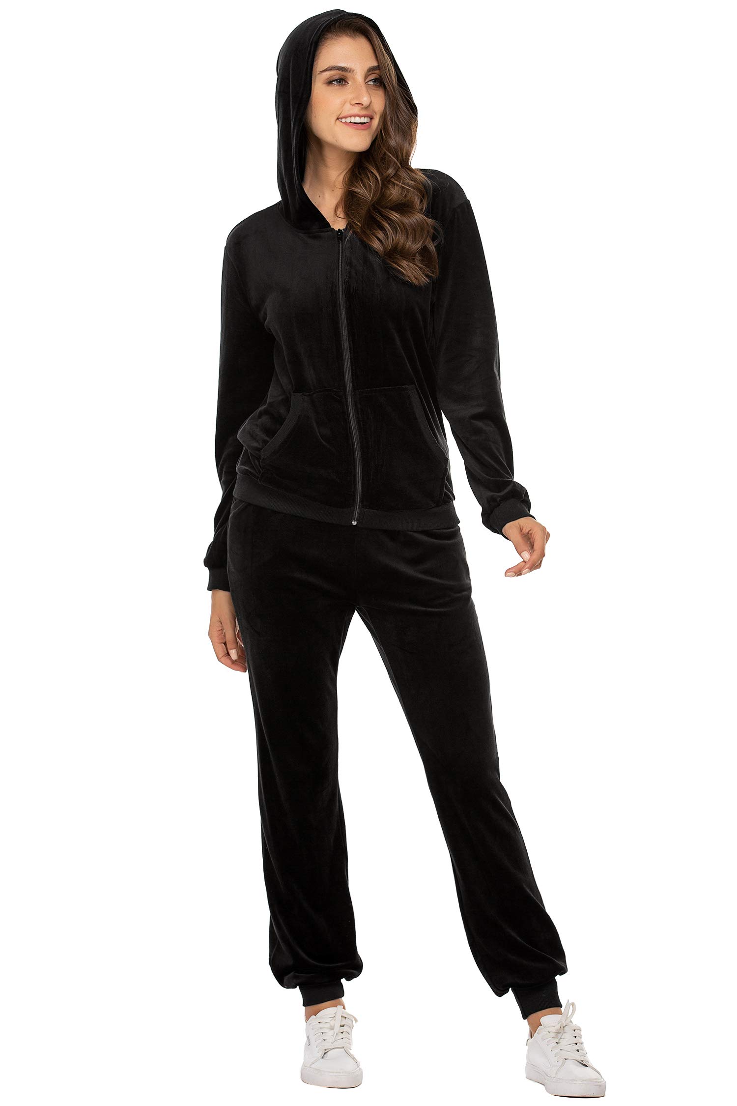 HOTOUCH Womens Velour Two Piece Outfits Active Hoodies Outfits Sports Wear Jogging Track_Suit Black, X-Large