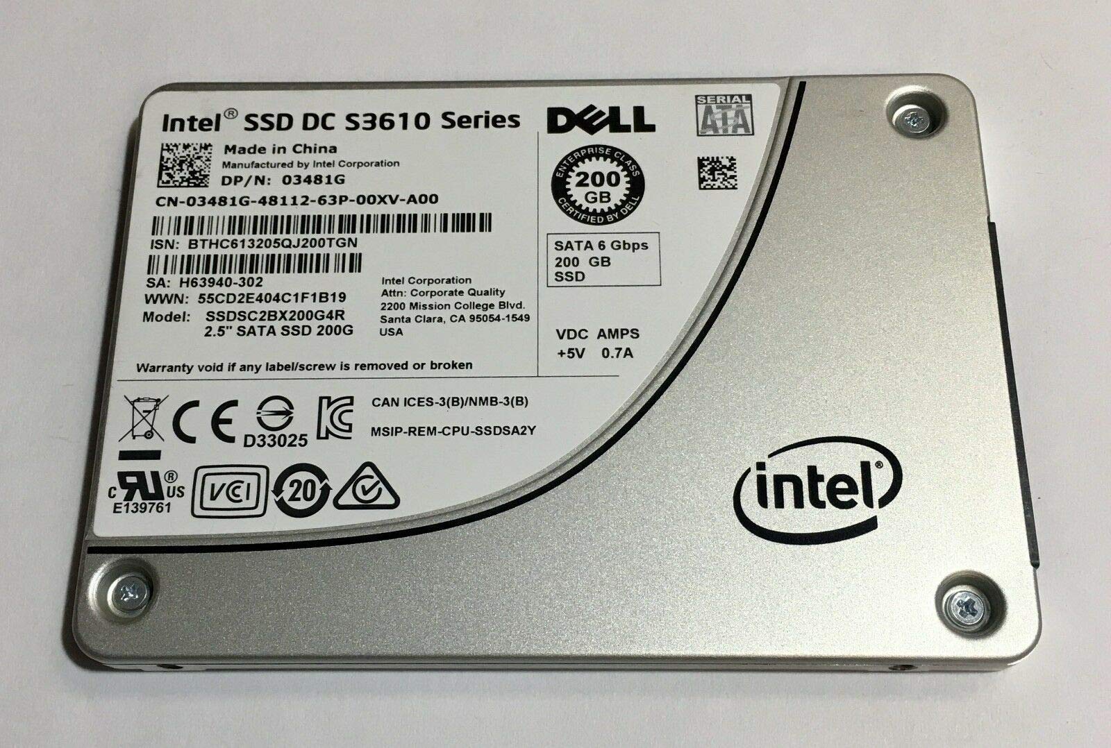 Intel 200GB SSD 2.5" 6Gb/s SATA Solid State Drive Model: SSDSC2BX200G4R DP/N: 3481G