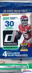 2019 donruss nfl football factory sealed jumbo fat pack with 30 cards including (4) exclusive blue parallels! look for rookies & autos of kyler murray, dwayne hoskins, daniel jones & more! wowzzer!