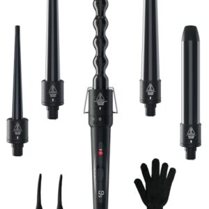 5 in 1 Curling Wand Set: Ohuhu Curling Iron Wand 5Pcs 0.35 to 1.25 Inch Interchangeable Ceramic Barrel Heat Protective Glove 2 Clips Dual Voltage Hair Curler for Girls Women Mother Gift Black