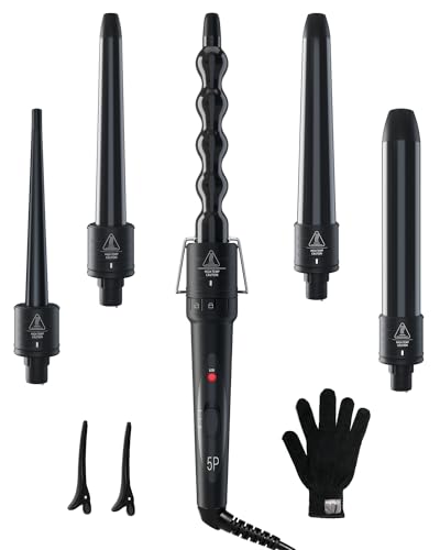 5 in 1 Curling Wand Set: Ohuhu Curling Iron Wand 5Pcs 0.35 to 1.25 Inch Interchangeable Ceramic Barrel Heat Protective Glove 2 Clips Dual Voltage Hair Curler for Girls Women Mother Gift Black