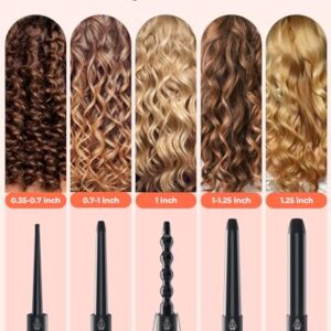 5 in 1 Curling Wand Set: Ohuhu Curling Iron Wand 5Pcs 0.35 to 1.25 Inch Interchangeable Ceramic Barrel Heat Protective Glove 2 Clips Dual Voltage Hair Curler for Girls Women Mother Gift Black