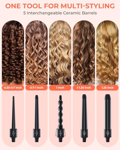 5 in 1 Curling Wand Set: Ohuhu Curling Iron Wand 5Pcs 0.35 to 1.25 Inch Interchangeable Ceramic Barrel Heat Protective Glove 2 Clips Dual Voltage Hair Curler for Girls Women Mother Gift Black