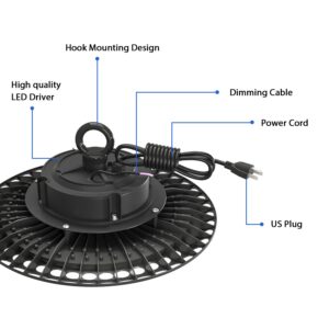 FAITHSAIL 150W UFO LED High Bay Light, 5000K,16500lm,1-10V Dimmable [600W Equivalent], with US Plug,Super Bright IP65 LED Shop Light Fixture for Warehouse/Workshop/Stadium