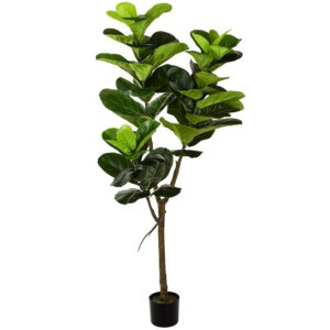 wofair 5 feet artificial fiddle leaf fig tree in planter, faux ficus tree plant for home garden office store indoor outdoor decoration(pot included)