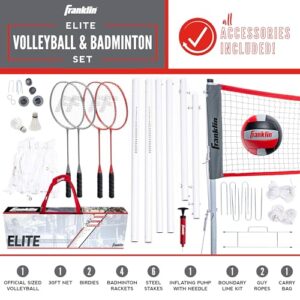 Franklin Sports Elite Badminton Volleyball Combo Net Set - Includes Volleyball,Badminton Rackets,Birdies, Poles/Net, Stakes, Ropes, Boundary Kit - Beach or Backyard Badminton - Easy Setup